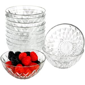 jucoan 12 pack 10 oz mini glass bowls, 5 inch diamond cut glass prep bowls, stackable glass salad bowls for fruit, cereal, candy, yogurt