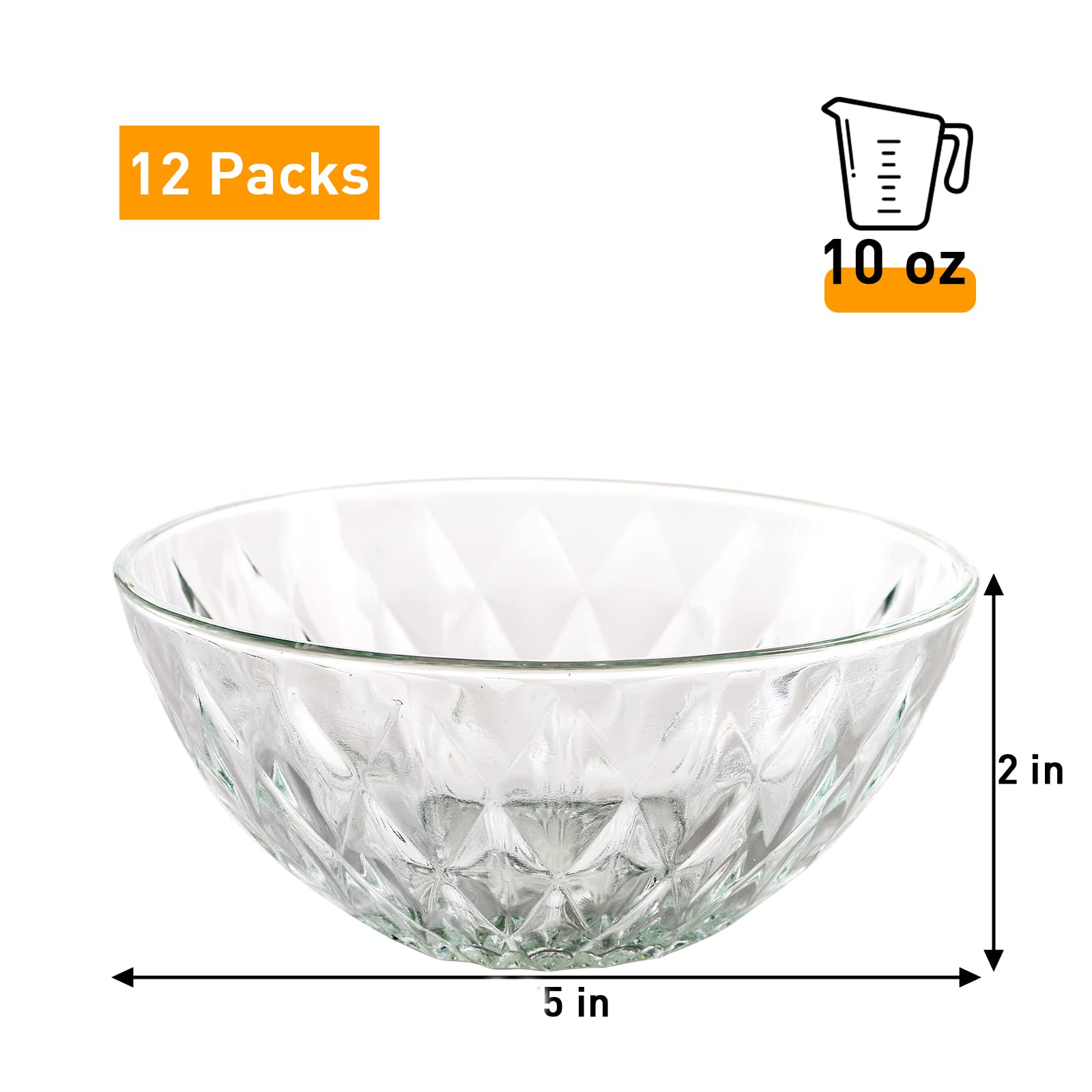 Jucoan 12 Pack 10 oz Mini Glass Bowls, 5 Inch Diamond Cut Glass Prep Bowls, Stackable Glass Salad Bowls for Fruit, Cereal, Candy, Yogurt