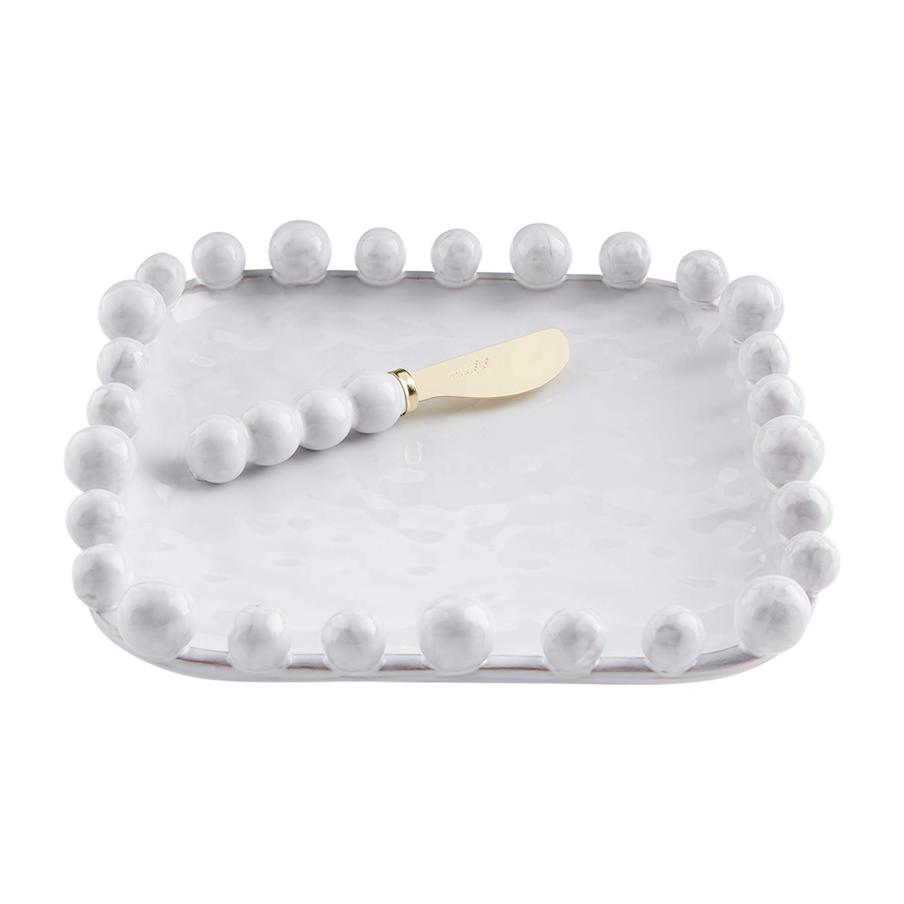 Mud Pie Beaded Boxed Cheese Set, plate 9" x 9" | spreader 6 1/2", White