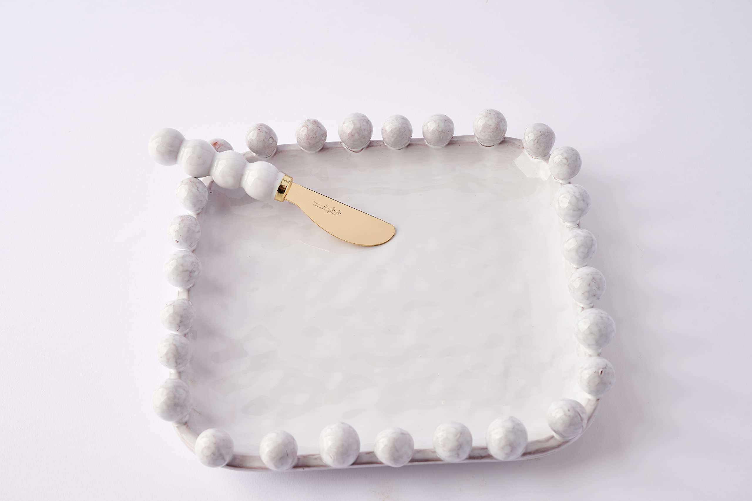 Mud Pie Beaded Boxed Cheese Set, plate 9" x 9" | spreader 6 1/2", White