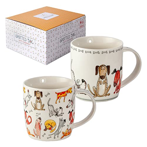 SPOTTED DOG GIFT COMPANY Dog Coffee Mug Set, Cute Mugs 12 oz Ceramic Porcelain China Coffee Tea Cups, Funny Dogs Themed Gifts for Dog Lovers and Animal Lovers Women Men, Set of 2