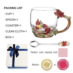 Vos Risus Glass Coffee Mug Enamels Butterfly Rose Lead-Free Handmade Tea Cup with Steel Spoon Birthday Present Mothers Day Valentines Day Thanksgiving Christmas Gifts (Red Short)