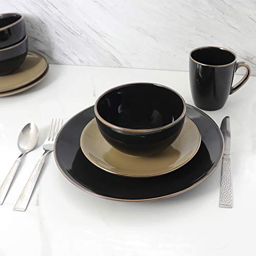 Elama Round Stoneware Grand Collection Dinnerware Dish Set, 16 Piece, Black and Warm Taupe