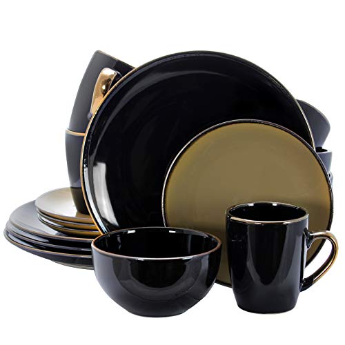 Elama Round Stoneware Grand Collection Dinnerware Dish Set, 16 Piece, Black and Warm Taupe