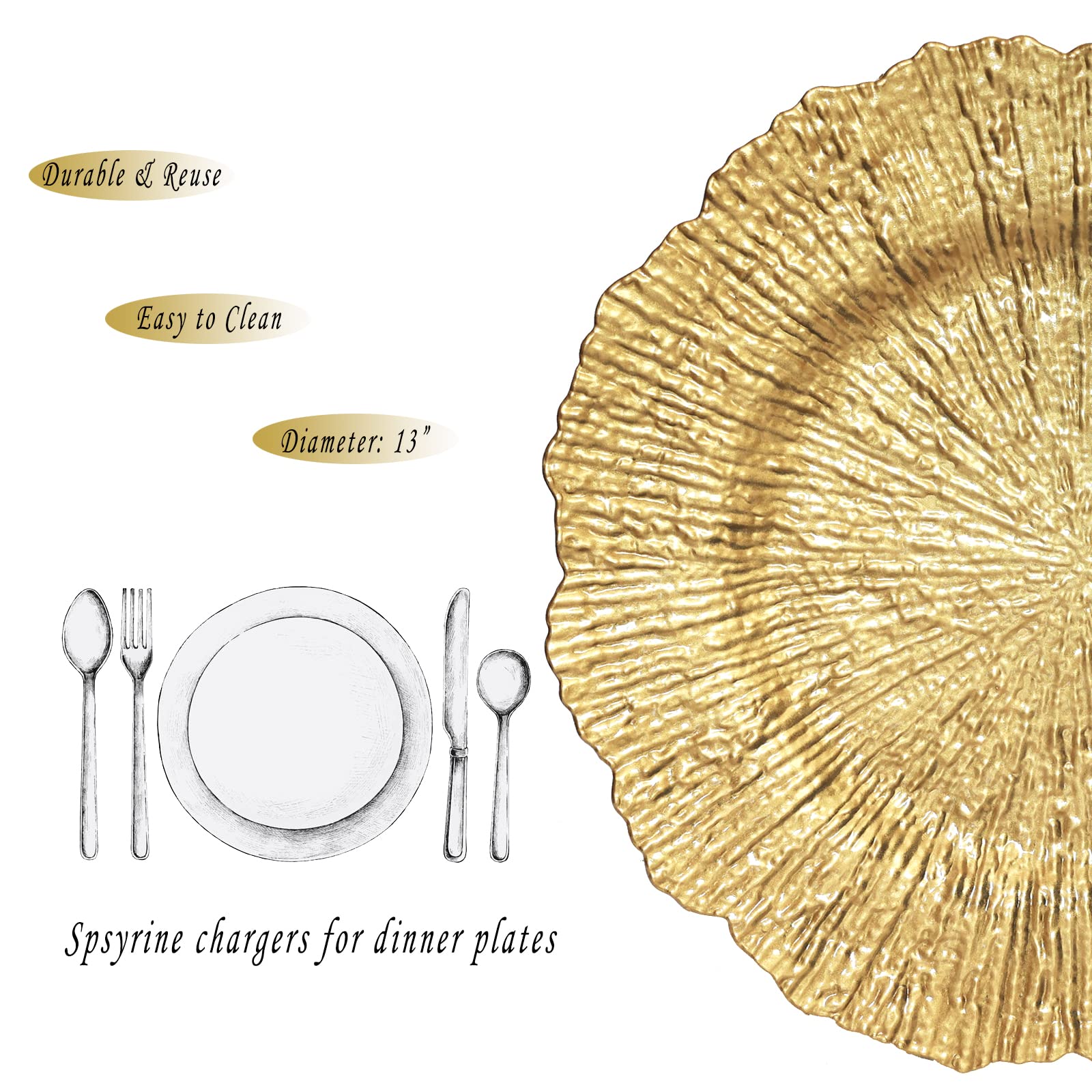 Spsyrine Gold Reef Charger Plates, 13" Table Chargers for Dinner Plate, Set of 6 Elegant Plastic Chargers Bulk Wedding, Tabletop Decor for Party, Events, Holidays.