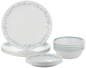 corelle 18-piece vitrelle glass country cottage chip and break resistant dinner set, service for 6, green/blue