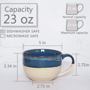 Bosmarlin Ceramic Jumbo Coffee Mug Set of 2, 23 Oz, Large Mug Soup Bowls with Handles, Dishwasher and Microwave Safe (Prussian Blue)