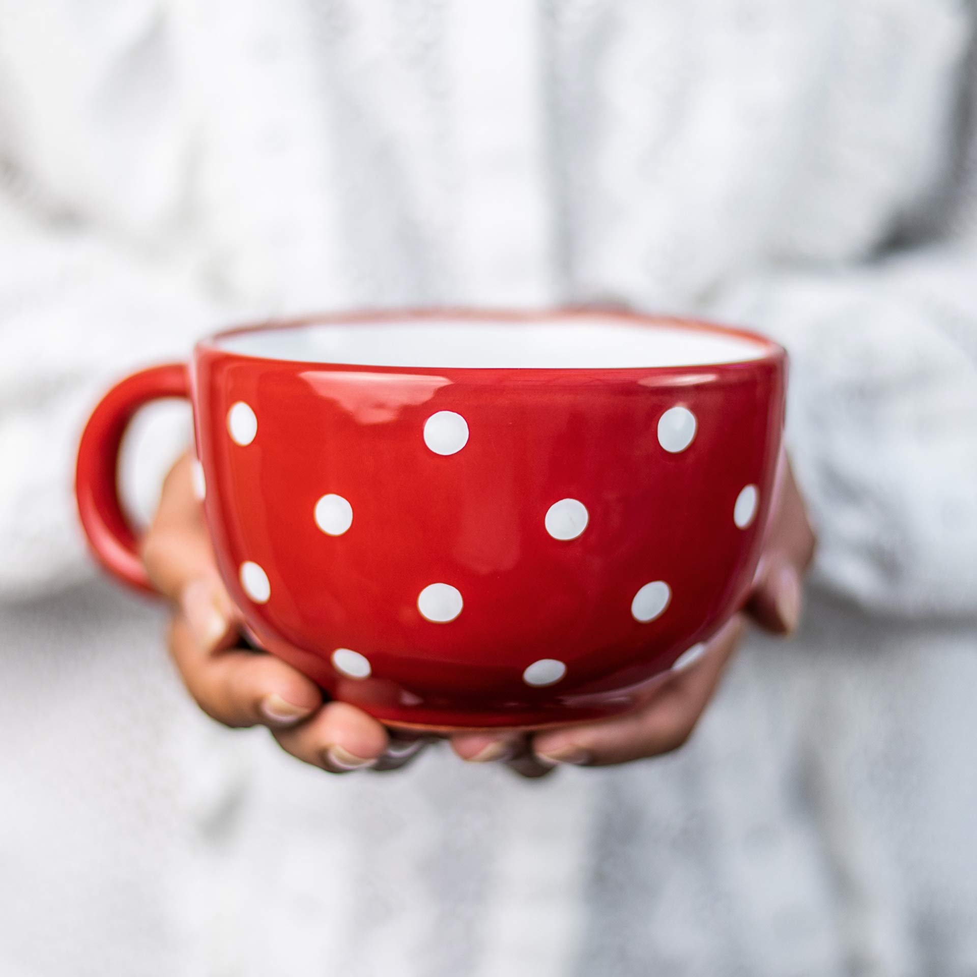 City to Cottage Handmade Ceramic Designer Red and White Polka Dot Cup, Unique Extra Large 17.5oz/500ml Pottery Cappuccino, Coffee, Tea, Soup Mug | Housewarming for Tea Lovers