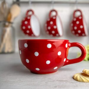 City to Cottage Handmade Ceramic Designer Red and White Polka Dot Cup, Unique Extra Large 17.5oz/500ml Pottery Cappuccino, Coffee, Tea, Soup Mug | Housewarming for Tea Lovers