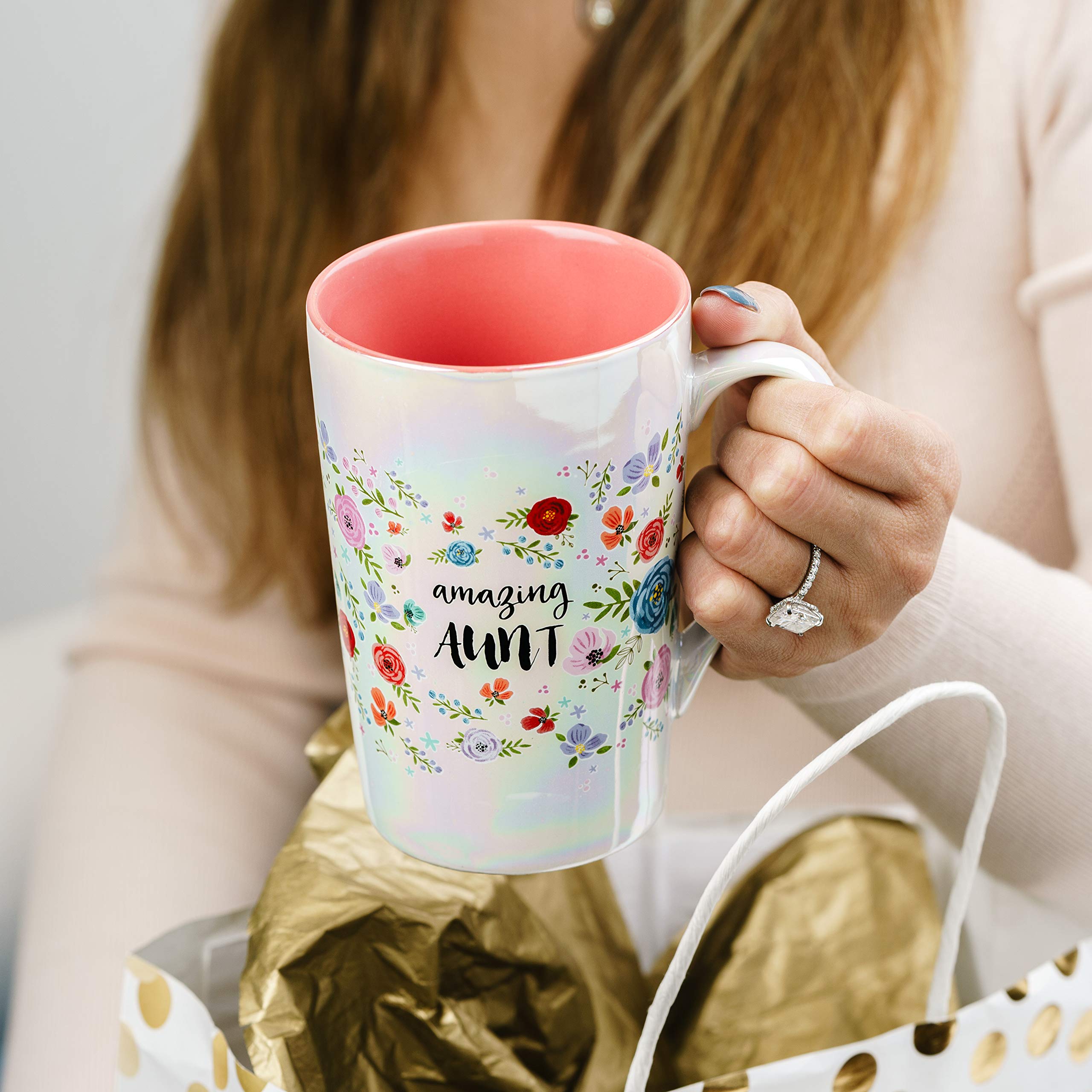 Pavilion Gift Company Amazing Aunt 15 Oz Stoneware Iridescent Floral Latte Coffee Cup Mug, White