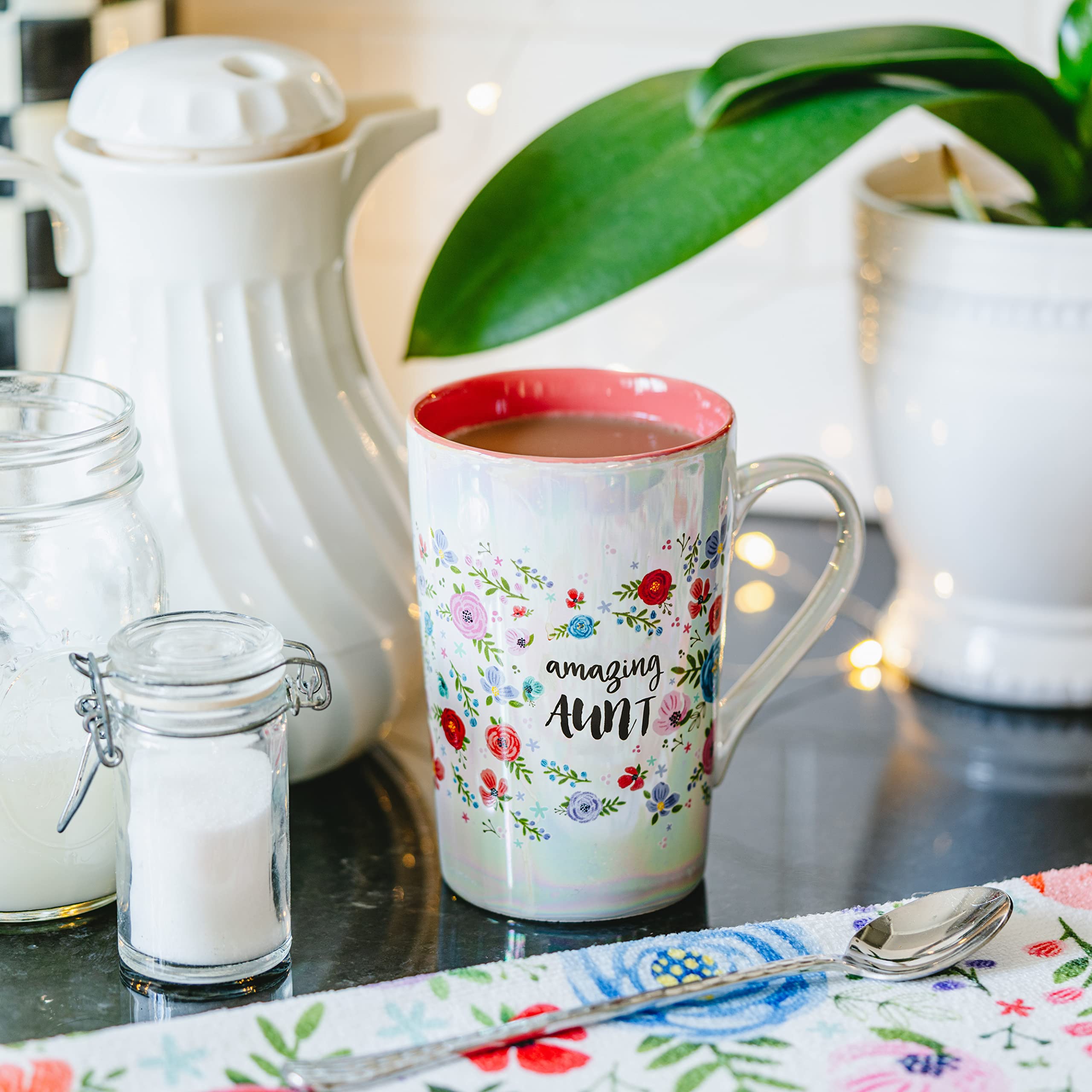 Pavilion Gift Company Amazing Aunt 15 Oz Stoneware Iridescent Floral Latte Coffee Cup Mug, White