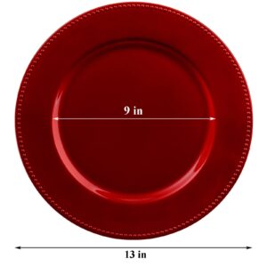 Okllen 12 Pack Plastic Round Charger Plates, 13" Red Beaded Charger Plates Decorative Dinner Chargers, Embossed Charger Serving Plates for Wedding, Catering Event, Tabletop Decor