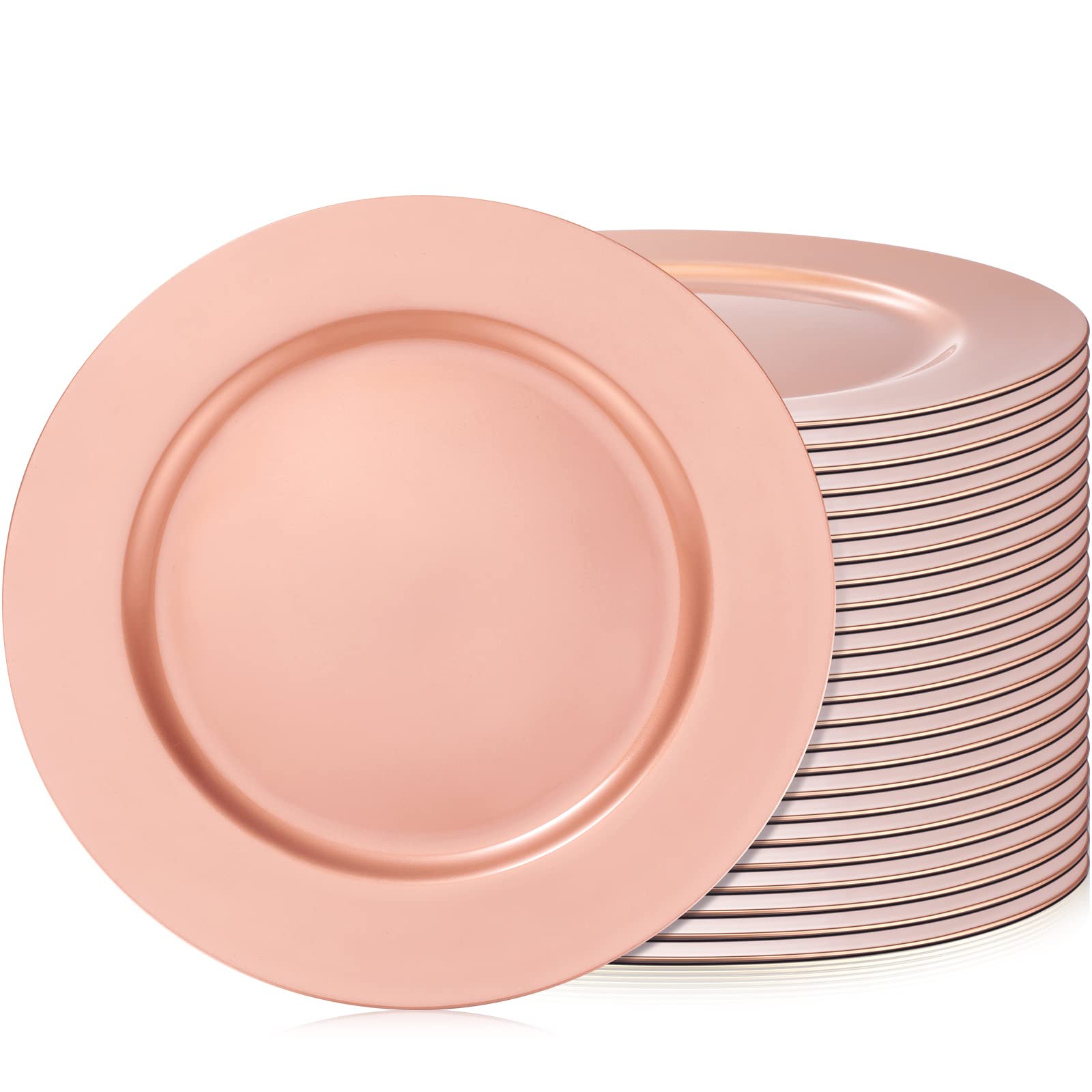 24 Pcs Plastic Charger Plates Round Dinner Chargers 13 Inch Chargers for Dinner Plates Disposable Charger Service Plates for Christmas Halloween Wedding Party Catering Event Decoration(Rose Gold)