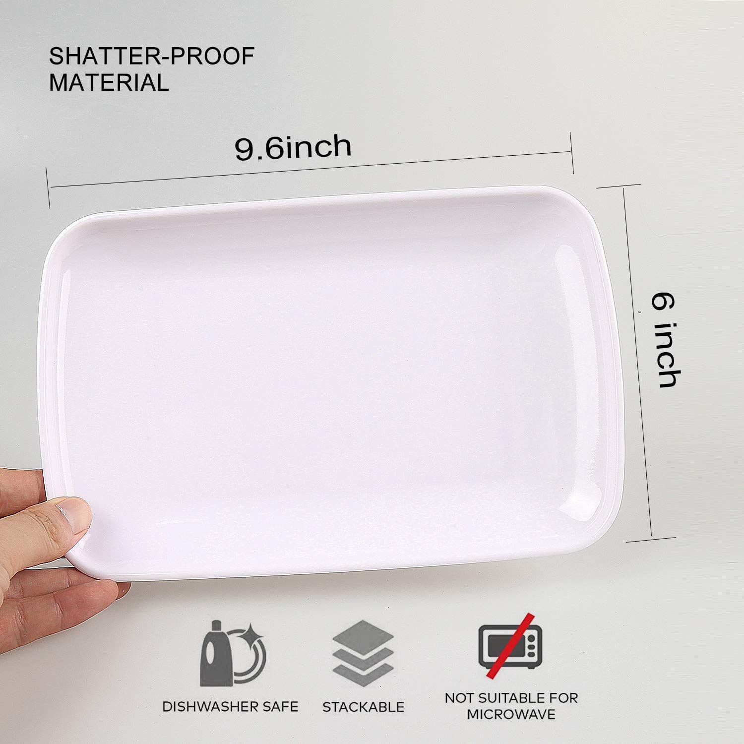 HOMEREFROM 8-Pcs 9.5-inch Rectangular Melamine Dessert/Salad Dishes, Ultralight Durable Plates for Fruit, Snacks, Appetizer and Light Meals, Rectangular Sushi Plate,Safe for Dishwasher (White)