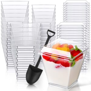 100 pcs square dessert cups with 100 shovel shape dessert spoon clear plastic appetizer cups with lids mini parfait cups shovel spoon for party favors, desserts, appetizers, puddings, yogurt (5.4 oz)