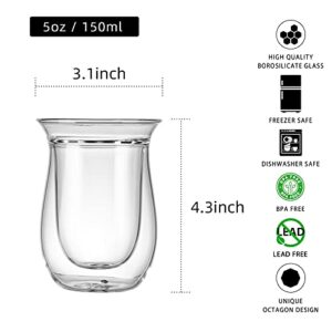 ZENS Double Walled Glass Coffee Mug, 5 Ounce Single Rim Espresso Insulated Glasses Set of 4, Clear Borosilicate Glass Cups for Black Coffee Cappuccino(150ml)