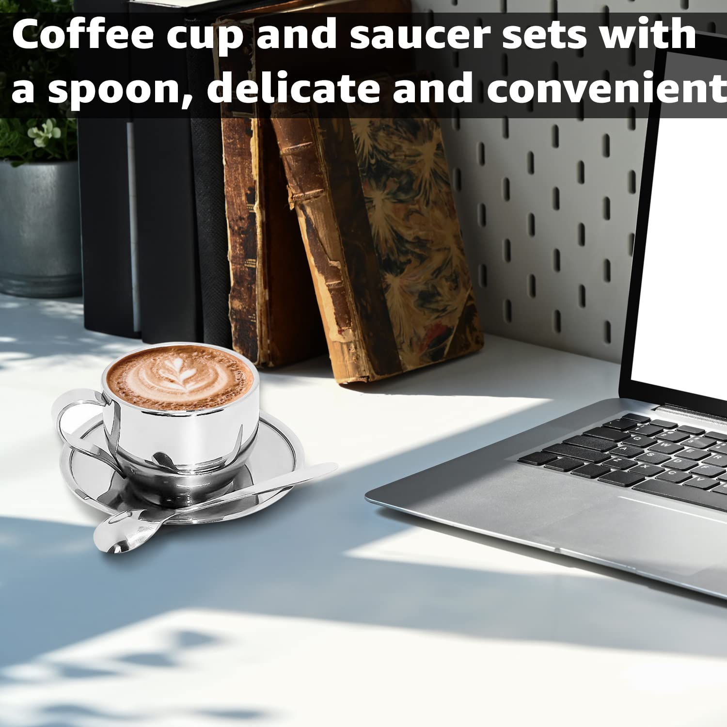 Insulated Coffee Cup with Saucer and Spoon - Dual Wall Stainless Steel Mug, Latte, Espresso, Cappuccino, Milk Drinkware, Double Layer Shatterproof Cup with Handle - 125 ml, 4.2 oz