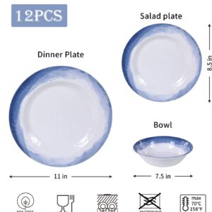 Melamine Dinnerware Sets- 12pcs Melamine Plates and Bowls Set for 4, Suitable for Indoor and Outdoor Use, Blue