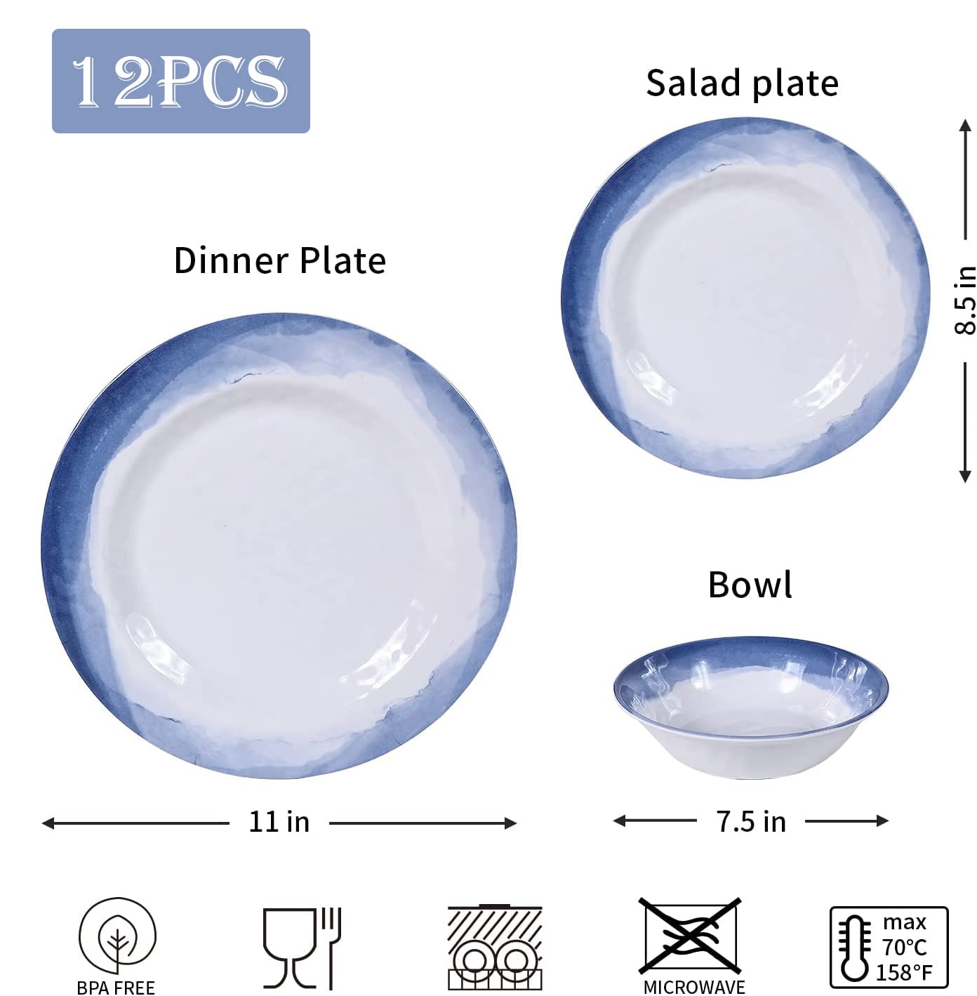 Melamine Dinnerware Sets- 12pcs Melamine Plates and Bowls Set for 4, Suitable for Indoor and Outdoor Use, Blue