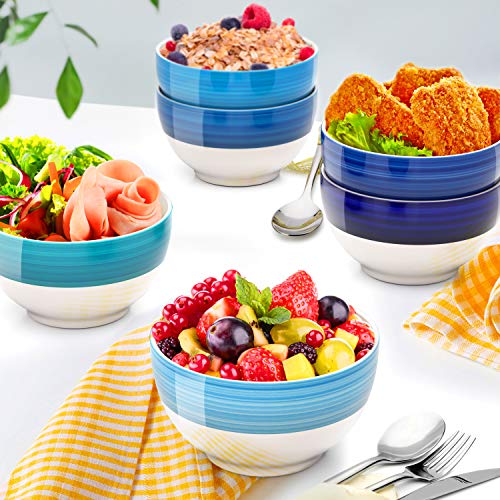 REOMORE Large Cereal Bowls Soup Bowls - 25 oz Ceramic Bowls for Rice, Breakfast, Ramen, Serving Bowls Set for Kitchen - Dishwasher & Microwave Safe Bowls Set of 6, Assorted Blue