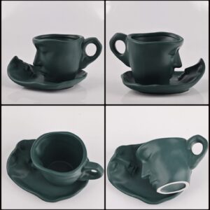 Green tea cup and saucer set Ceramic kissing couple coffee mug set with spoon face coffee cup Unique teacup and saucer Valentine's Day Christmas creative gift