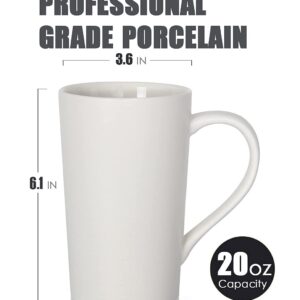 20 Ounces Large Coffee Mugs, Smilatte M007 Plain Tall Ceramic Cup with Handle for Dad Men, Set of 2, White