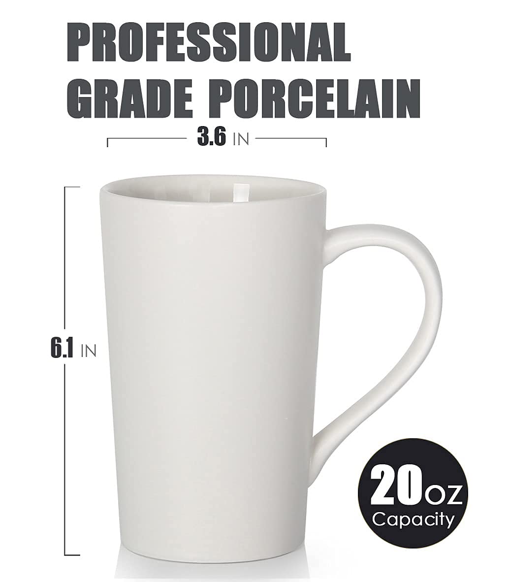 20 Ounces Large Coffee Mugs, Smilatte M007 Plain Tall Ceramic Cup with Handle for Dad Men, Set of 2, White