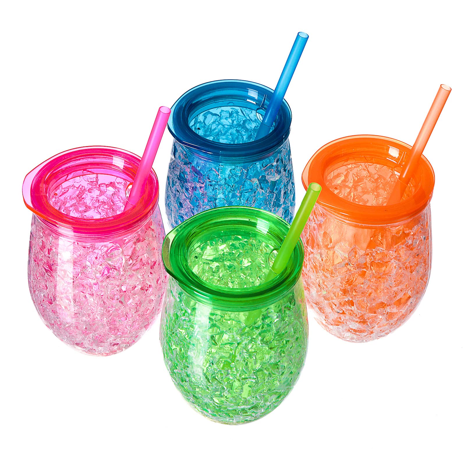 EASICOZI Cute Shape Frosty Freezer Ice Mugs with Straw Clear 11.8oz Set of 4(Red, green, blue and orange) (Oval)