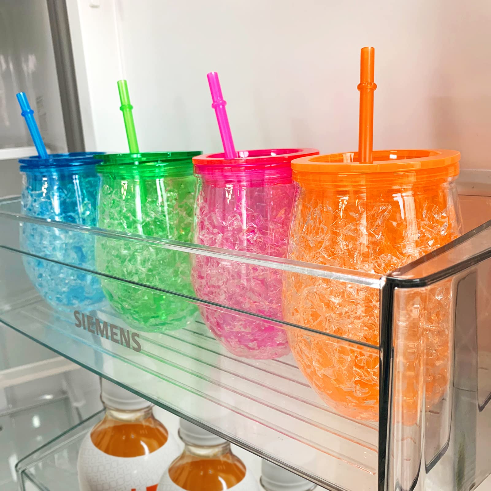 EASICOZI Cute Shape Frosty Freezer Ice Mugs with Straw Clear 11.8oz Set of 4(Red, green, blue and orange) (Oval)