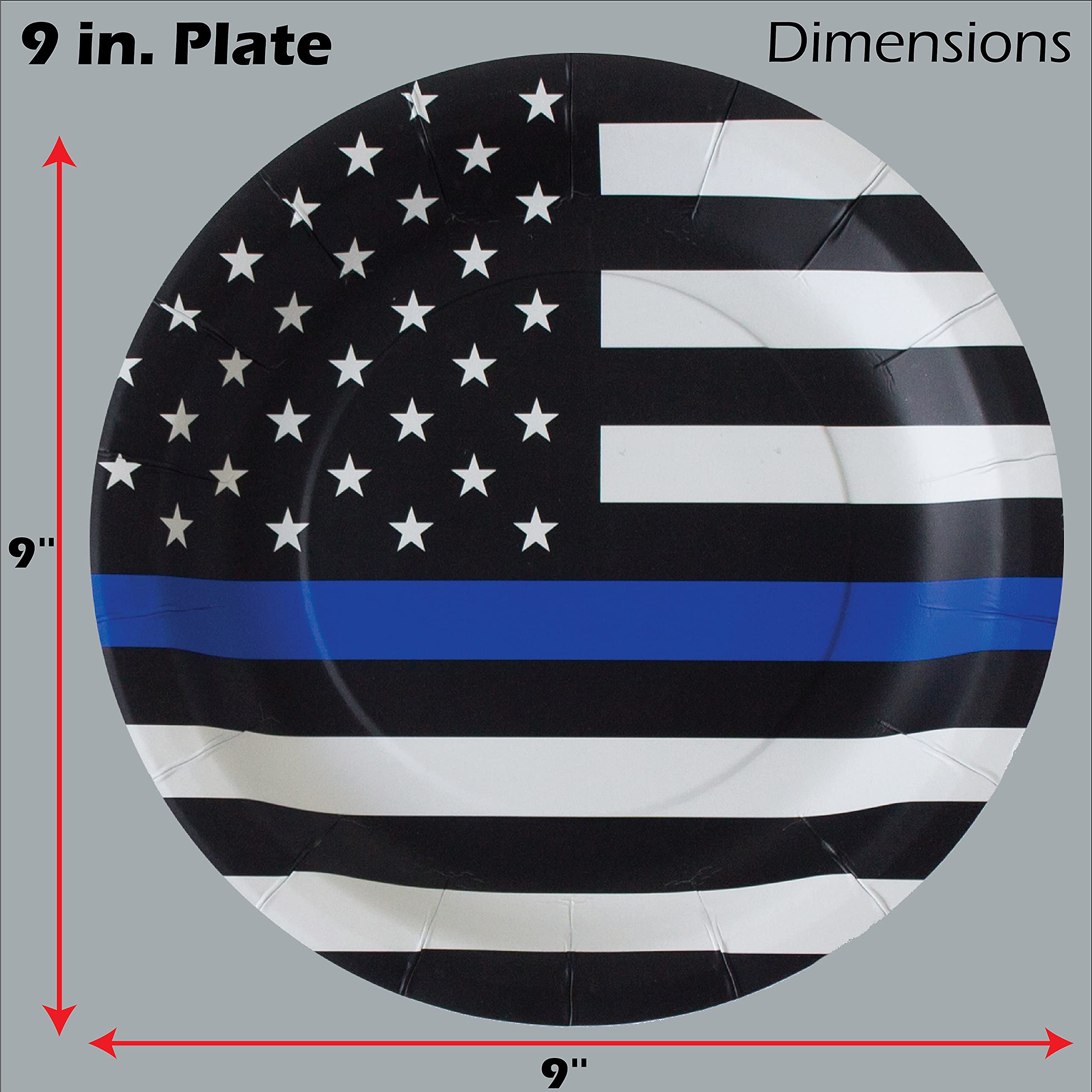 Havercamp Police-Thin Blue Line 9” Plates (48 pack)! 48 Lg. Round Dinner Plates in the Official Thin Blue Line Flag Pattern.