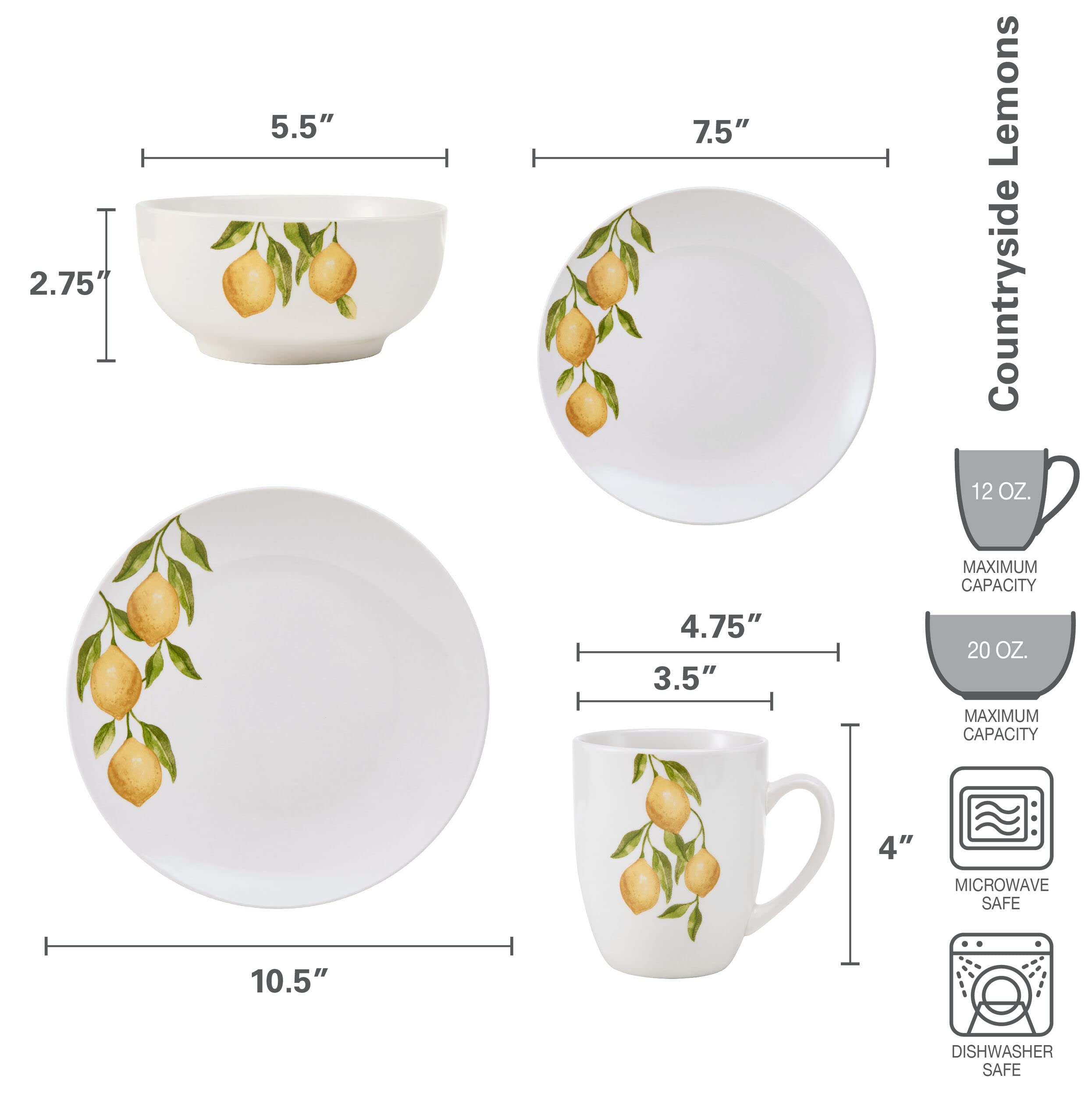 Studio Nova Lemons 16-Piece Dinnerware Set, Service For 4, White