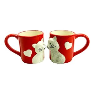 tdl kissing cat mugs, cute matching coffee mugs, 3-finger loop handles for easy handling, ceramic cups, dishwasher safe - set of 2, red, 3 1/4'' diameter (5 1/2'' edge to handle) x 3 1/2''h