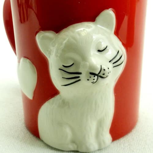 TDL Kissing Cat Mugs, Cute Matching Coffee Mugs, 3-Finger Loop Handles for Easy Handling, Ceramic Cups, Dishwasher Safe - Set of 2, Red, 3 1/4'' diameter (5 1/2'' edge to handle) x 3 1/2''H