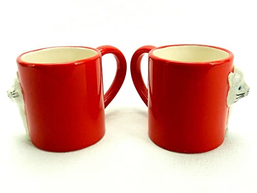 TDL Kissing Cat Mugs, Cute Matching Coffee Mugs, 3-Finger Loop Handles for Easy Handling, Ceramic Cups, Dishwasher Safe - Set of 2, Red, 3 1/4'' diameter (5 1/2'' edge to handle) x 3 1/2''H