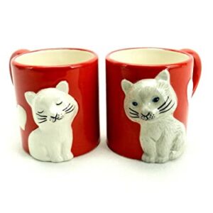 TDL Kissing Cat Mugs, Cute Matching Coffee Mugs, 3-Finger Loop Handles for Easy Handling, Ceramic Cups, Dishwasher Safe - Set of 2, Red, 3 1/4'' diameter (5 1/2'' edge to handle) x 3 1/2''H