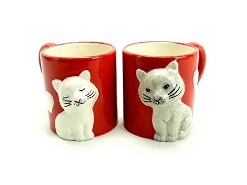 TDL Kissing Cat Mugs, Cute Matching Coffee Mugs, 3-Finger Loop Handles for Easy Handling, Ceramic Cups, Dishwasher Safe - Set of 2, Red, 3 1/4'' diameter (5 1/2'' edge to handle) x 3 1/2''H