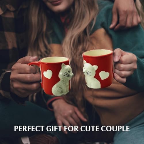 TDL Kissing Cat Mugs, Cute Matching Coffee Mugs, 3-Finger Loop Handles for Easy Handling, Ceramic Cups, Dishwasher Safe - Set of 2, Red, 3 1/4'' diameter (5 1/2'' edge to handle) x 3 1/2''H