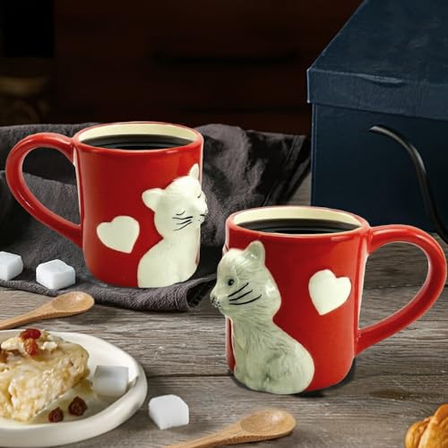 TDL Kissing Cat Mugs, Cute Matching Coffee Mugs, 3-Finger Loop Handles for Easy Handling, Ceramic Cups, Dishwasher Safe - Set of 2, Red, 3 1/4'' diameter (5 1/2'' edge to handle) x 3 1/2''H