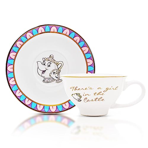 Silver Buffalo Disney Beauty and the Beast Chip Girl in the Castle Foil Ceramic Teacup and Saucer, 12-Ounces