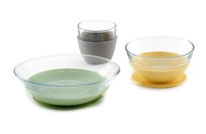 beaba 3-piece glass and silicone meal set - easy to clean - dishwasher and microwave safe - non-slip suction bottom - includes plate, bowl, cup (pastel)