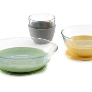 BEABA 3-Piece Glass and Silicone Meal Set - Easy to Clean - Dishwasher and Microwave Safe - Non-Slip Suction Bottom - Includes Plate, Bowl, Cup (Pastel)