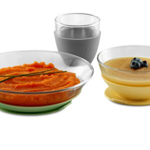 BEABA 3-Piece Glass and Silicone Meal Set - Easy to Clean - Dishwasher and Microwave Safe - Non-Slip Suction Bottom - Includes Plate, Bowl, Cup (Pastel)