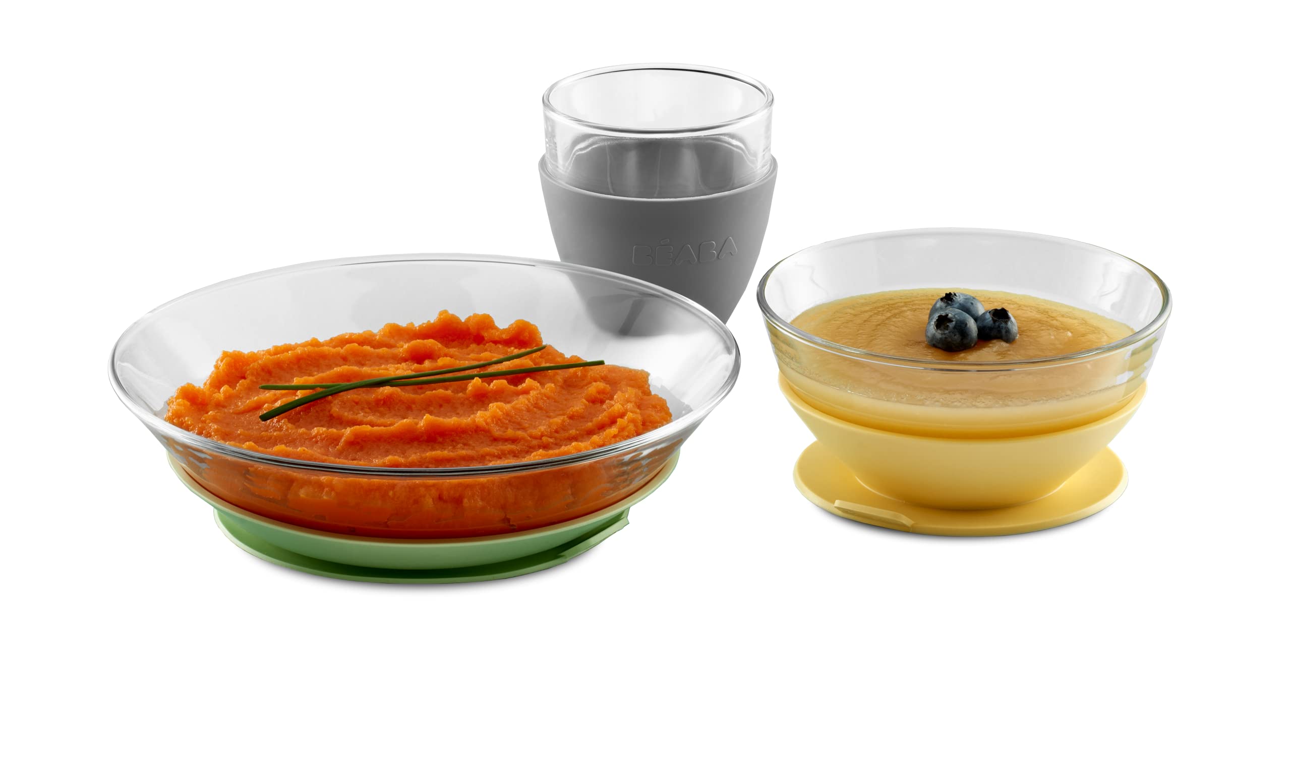 BEABA 3-Piece Glass and Silicone Meal Set - Easy to Clean - Dishwasher and Microwave Safe - Non-Slip Suction Bottom - Includes Plate, Bowl, Cup (Pastel)