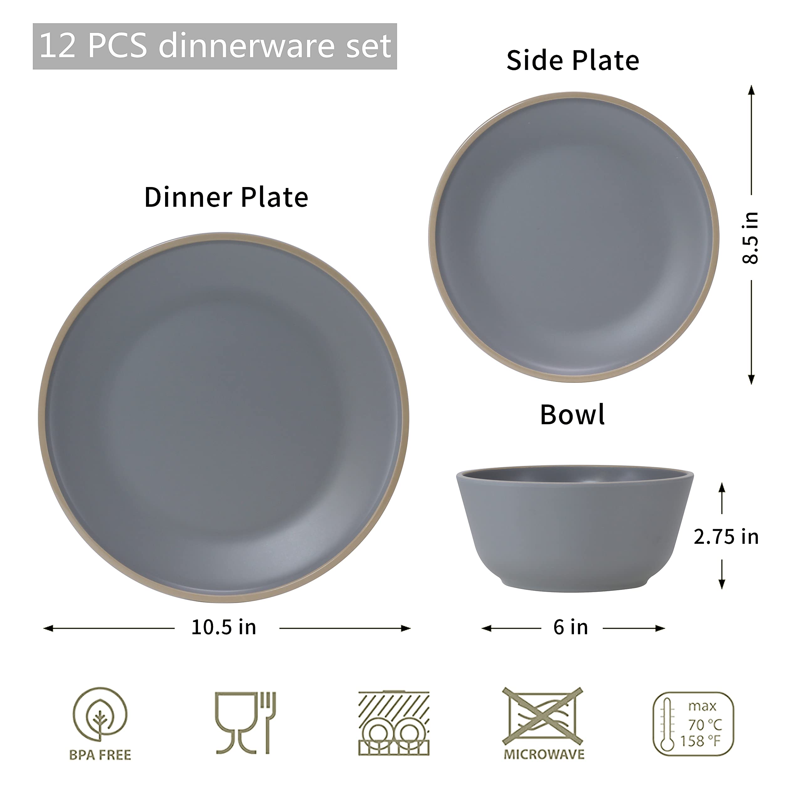 Gufaith Melamine Dinnerware Sets for 4, Plates and Bowls Sets 12 Piece, Melamine Plates, Plate Sets, Dish Set for 4, Unbreakable Dinnerware Set, BPA Free, Suitable Indoors and Outdoors (Light Grey)