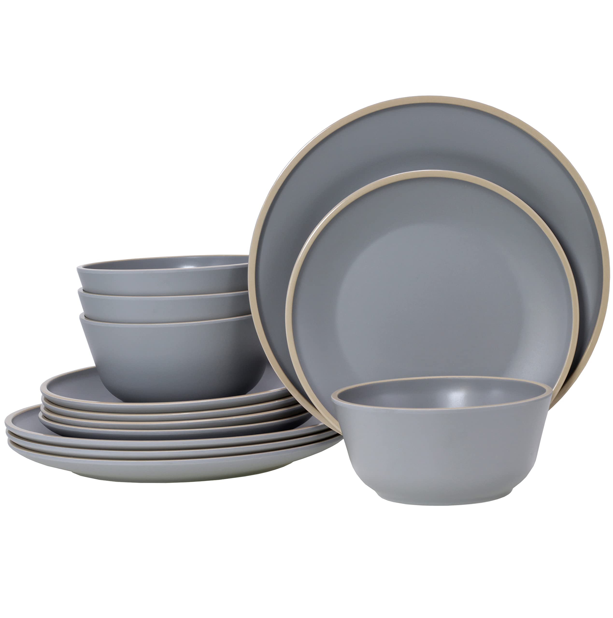 Gufaith Melamine Dinnerware Sets for 4, Plates and Bowls Sets 12 Piece, Melamine Plates, Plate Sets, Dish Set for 4, Unbreakable Dinnerware Set, BPA Free, Suitable Indoors and Outdoors (Light Grey)