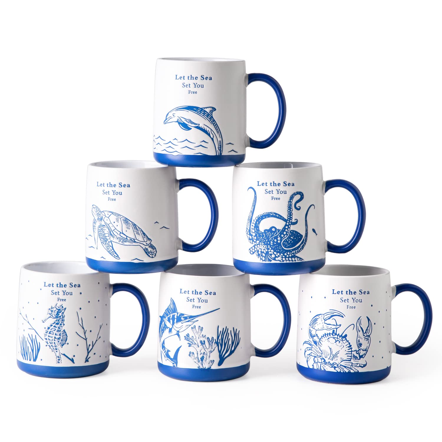 AmorArc Large Coffee Mugs Set of 6, 18oz Ceramic Coffee Cups with Sea Life Textured Patterns for Tea Latte Cocoa. Easy to Hold&Clean, Dishwasher&Microwave Safe, Matt White