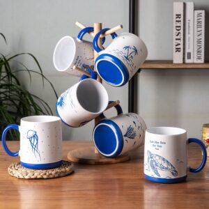 AmorArc Large Coffee Mugs Set of 6, 18oz Ceramic Coffee Cups with Sea Life Textured Patterns for Tea Latte Cocoa. Easy to Hold&Clean, Dishwasher&Microwave Safe, Matt White