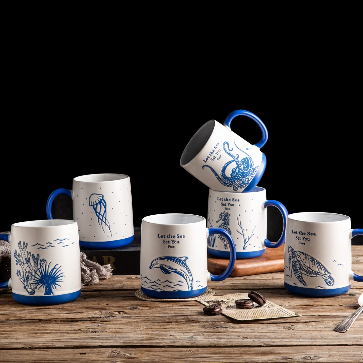 AmorArc Large Coffee Mugs Set of 6, 18oz Ceramic Coffee Cups with Sea Life Textured Patterns for Tea Latte Cocoa. Easy to Hold&Clean, Dishwasher&Microwave Safe, Matt White