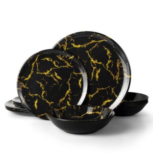 melamine dinnerware sets - 12 pcs melamine plates indoor and outdoor use black marble plates and bowls dinnerware sets camping dish set for 4 dishwasher safe(sahara gold)