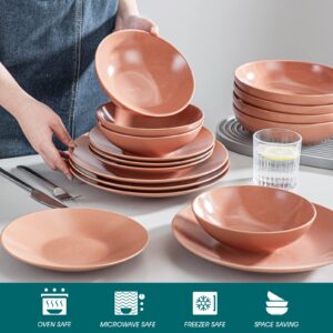 vancasso Sabine Dinnerware Sets, 16 Pieces Stoneware Round Plates and Bowls Set, Semi-matte Dishes Set Service for 4, Dishwasher and Microwave Safe, Terracotta